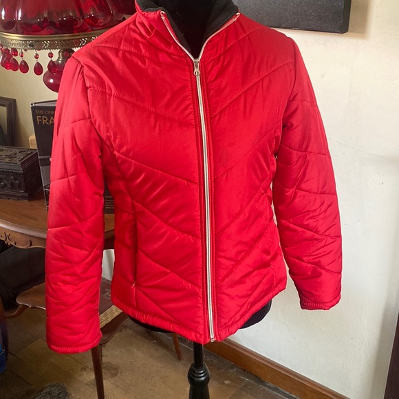 Jackets & Coats | Kc Collections Red Puffer Jacket 2 Zip Side Pockets ...